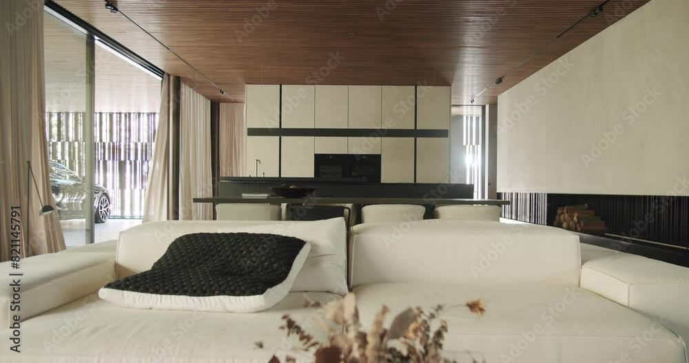 Stylish modern living room seamlessly blends with a sophisticated ...