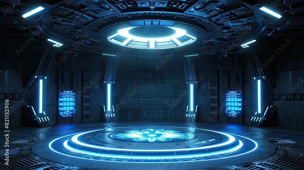 Futuristic sci-fi space station interior with glowing blue lights and ...