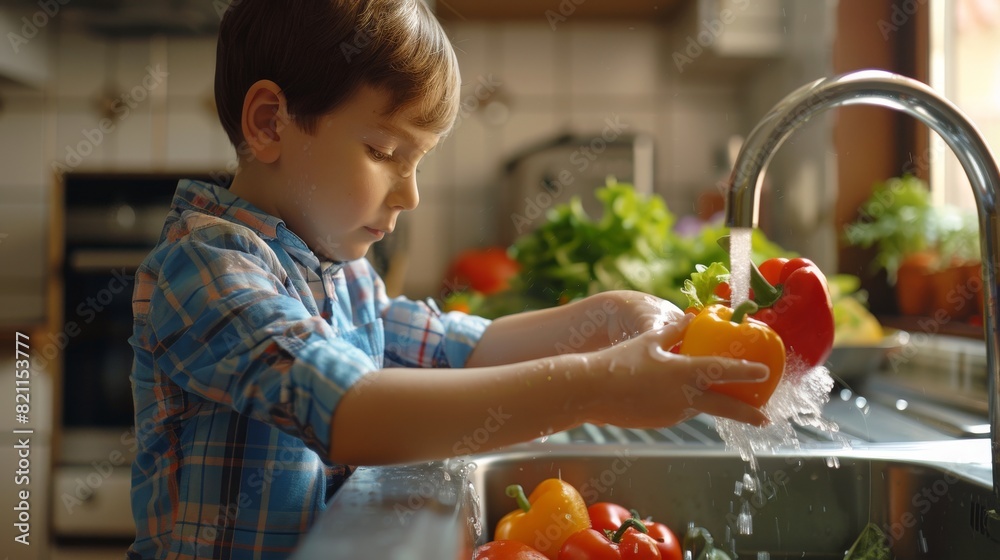 Little boy preparing salad and washing bell peppers in the kitchen sink ...