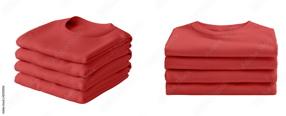 Set of red folded t-shirts, stacked on transparent background cutout ...