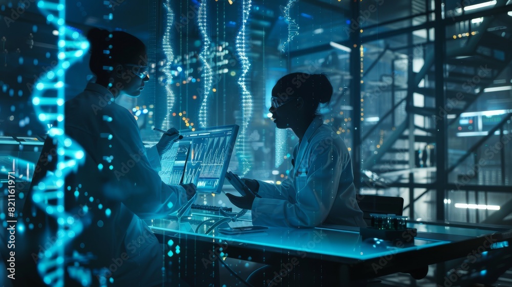 Two scientists work together on a transparent display computer in the ...