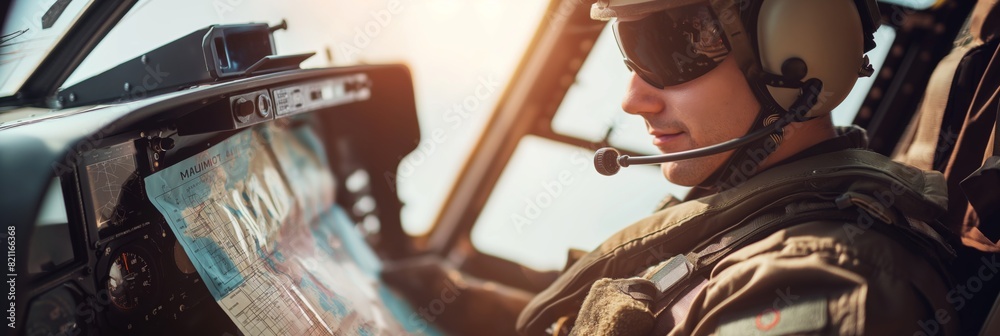 Pilot with obscured face in the cockpit, managing controls with a map ...