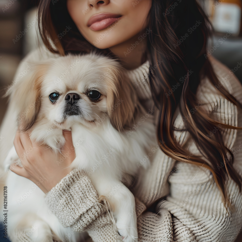 Friendship between dog and woman. Portrait of beautiful young girl with ...