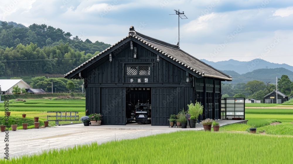 a black wood garage nestled amidst the picturesque rice fields of South ...