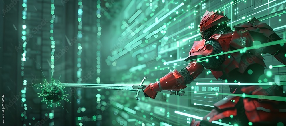 Full body image of a knight in red armor fighting with a sword. with ...