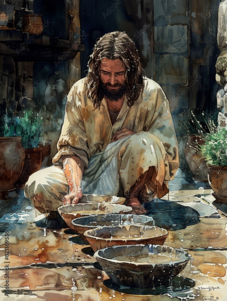Jesus Washing Disciples' Feet - Digital Watercolor Painting of Maundy ...