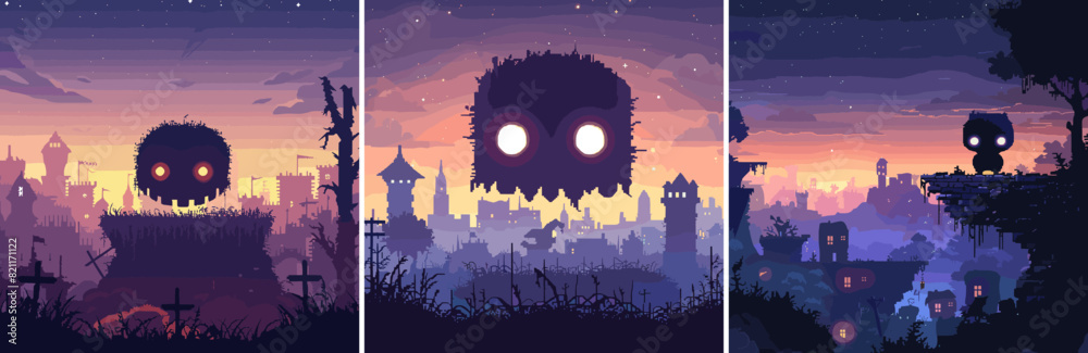 Arcade game monster character pixel art vector concepts. Round shaggy ...