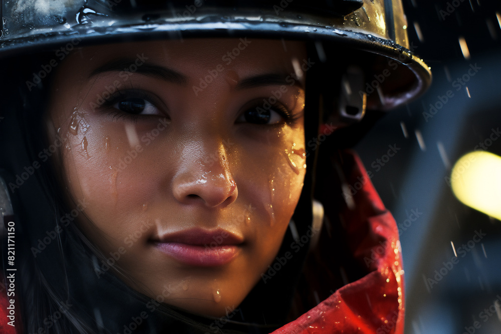 A close up of the face of a Asiandirtyfemale firefighter wearing a ...