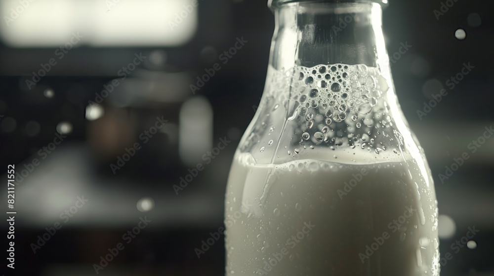 zoom capturing the details of the glass bottle of fresh milk, showing ...