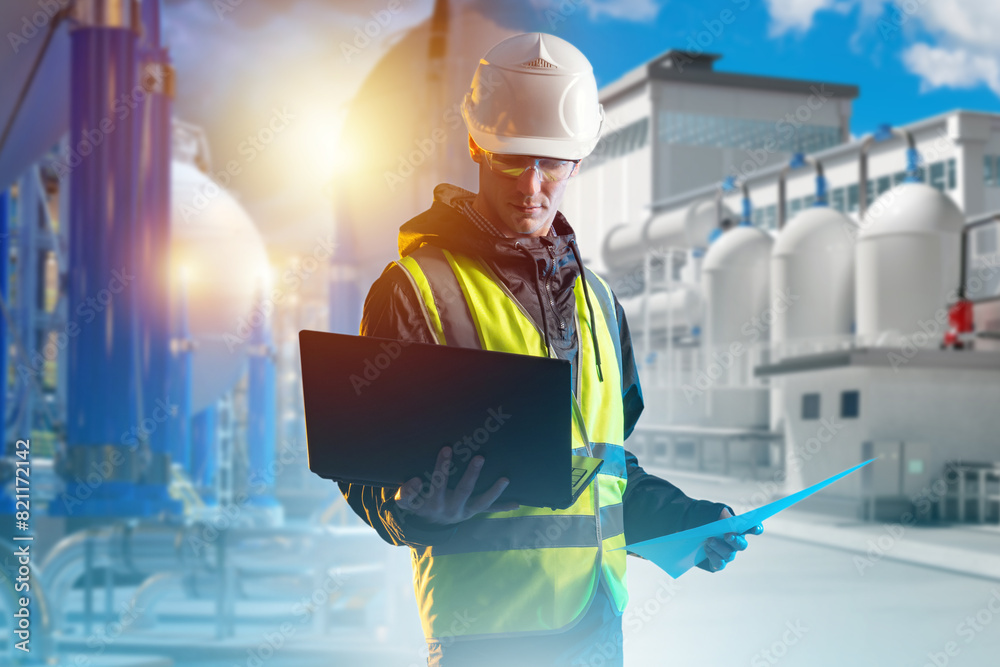 Man factory technologist. Chemical industry. Factory engineer with ...