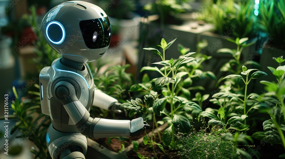 Domestic Robot Tending to Indoor Herb Garden. A domestic robot with a ...