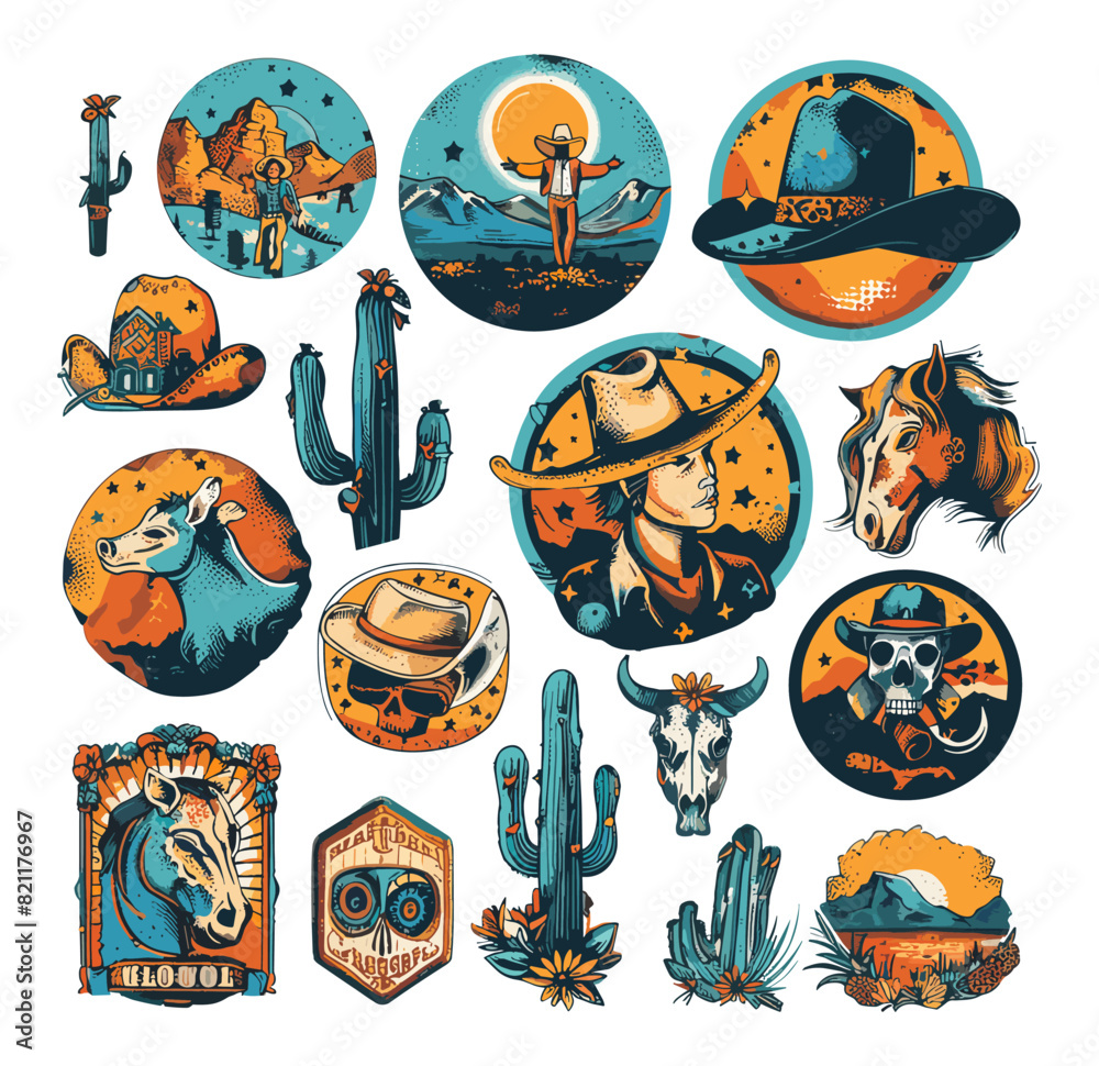 Cowboy stickers cartoon vector set. Wild west skull horse hat cactus ...