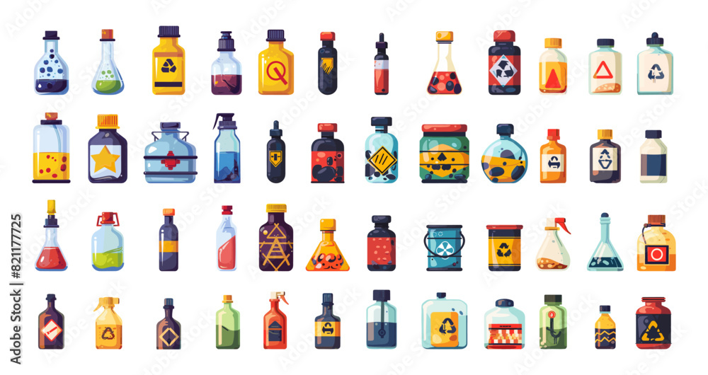 Dangerous substances cartoon vector set. Bottles flasks storage tanks ...