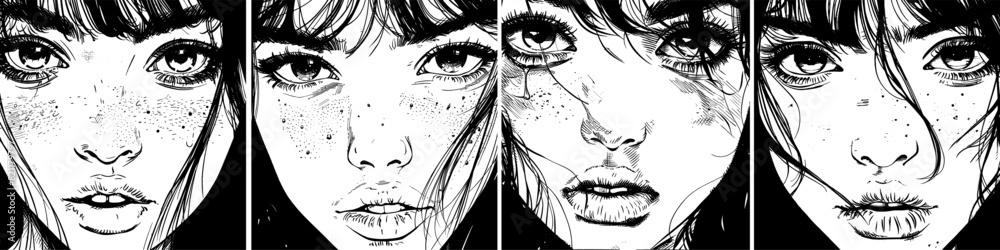 Girl face anime comic book ink sketch vector posters. Woman close up ...