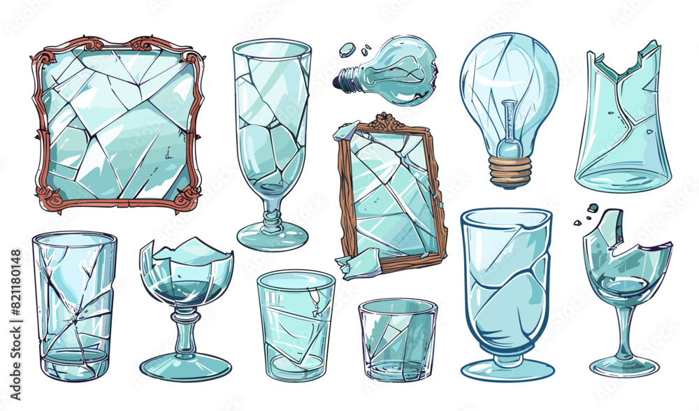 Glass waste cartoon vector set. Broken bottle mirror light bulb cup ...