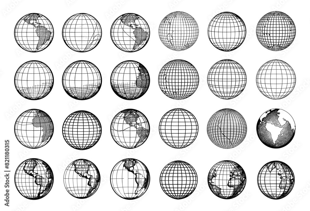 Globe mesh black outline vector set. Geometric round striped grid ...