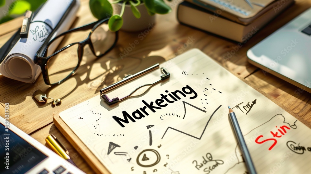 Marketing concept. Employee working on company advertisements and ads ...