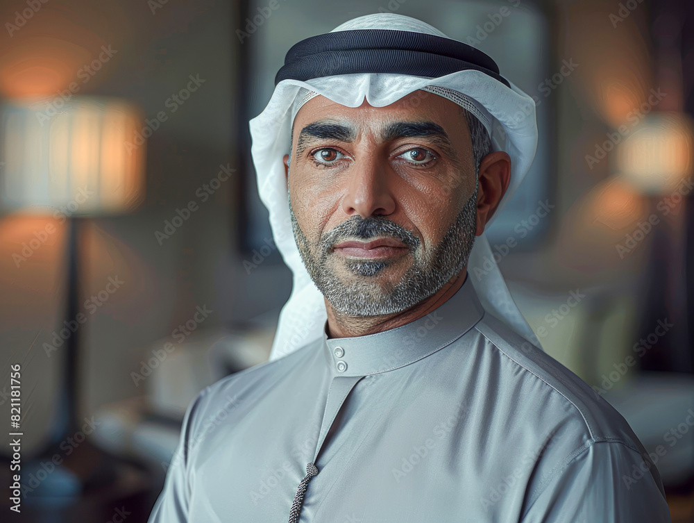 portrait of a man clad in classic Emirati attire, his posture ...