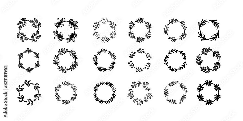 Botanical circle frame. Hand drawn round line border, leaves and ...