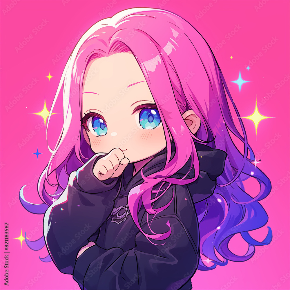 chibi illustration of a young woman with pink hair, anime illustration ...
