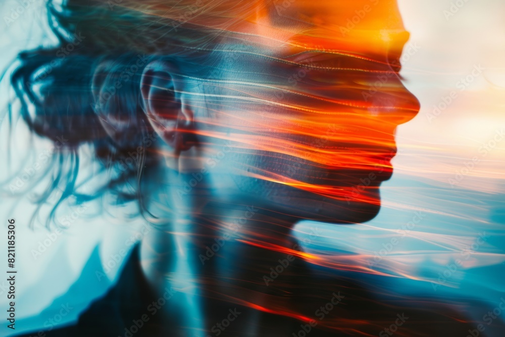 red orange light motion blur overlay on female face. Conceptual image ...