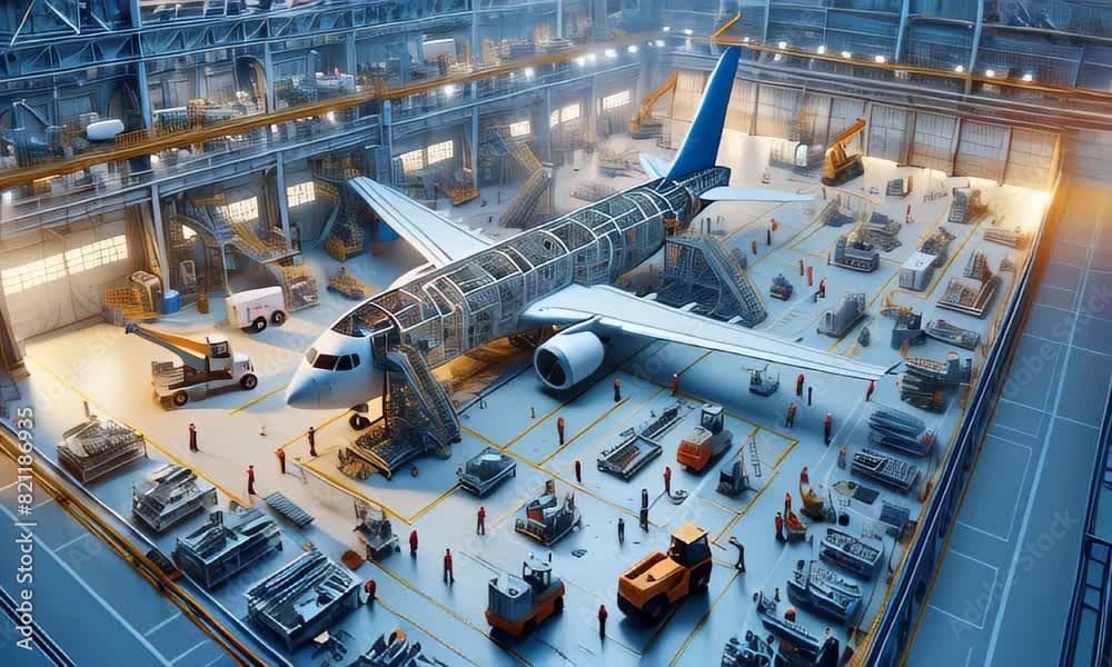 airplane under construction in an aviation factory. The partially ...