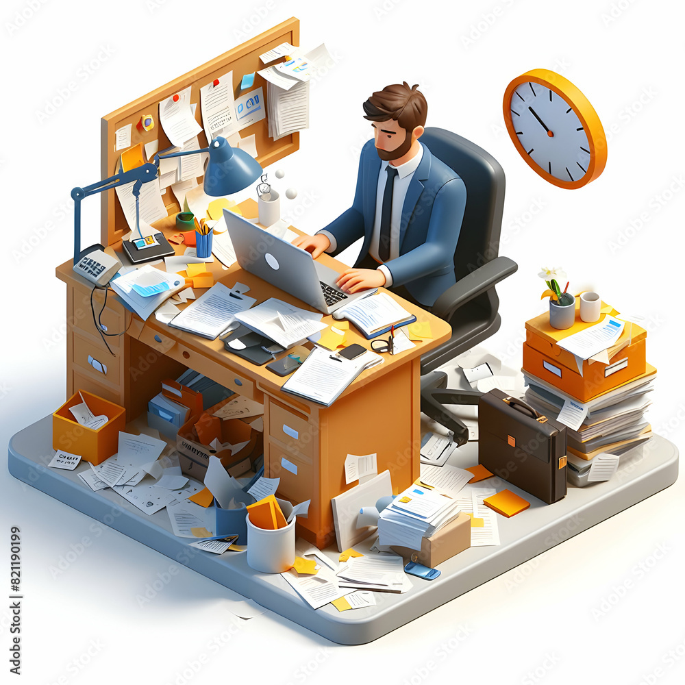 3D Flat Icon: Employee Working Late at Messy Desk Poor Time Management ...