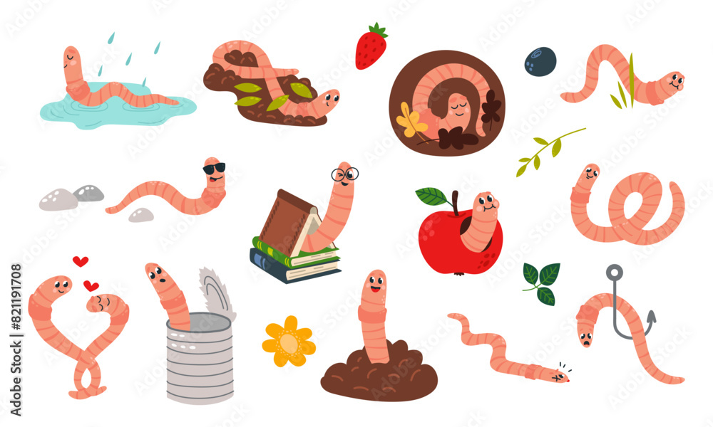 Cute cartoon worms. Earthworm with book, apple and soil. Funny worm ...