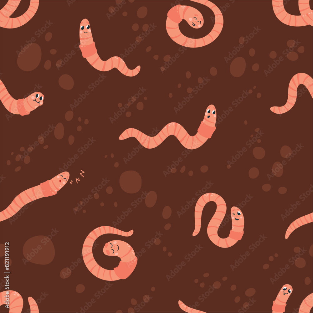 Cartoon worms seamless pattern. Earthworms in soil, cute crawlers ...