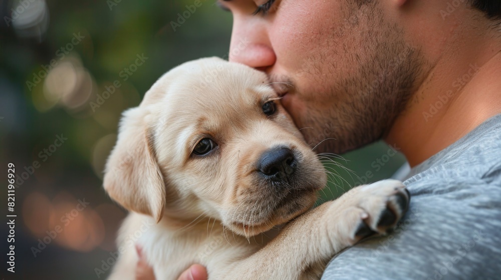 Lovable labrador retriever puppy giving its owner a big sloppy kiss on ...