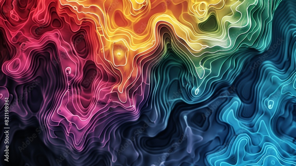 Abstract topographical map effect with vibrant, glowing tempera colors ...