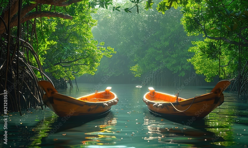 Mangrove Forest with fishing boats flat design side view local ...