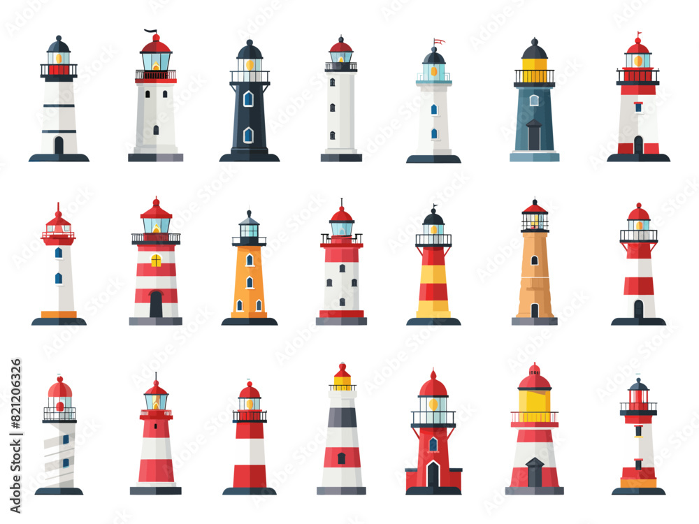 Flat Lighthouses. Simple Vector Illustration on White Background. Maritime Beacons, Coastal ...