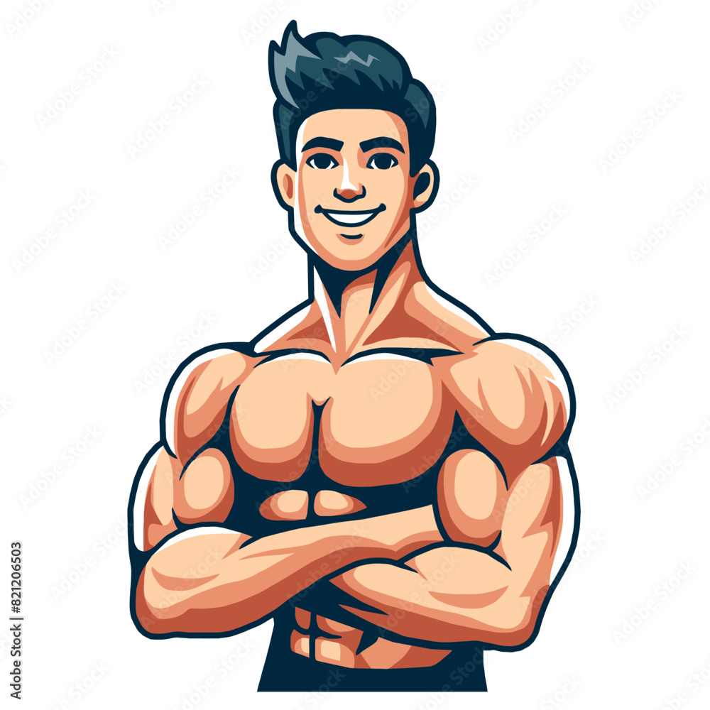 fitness male bodybuilder poses and smiles, vector, logo, cartoon ...