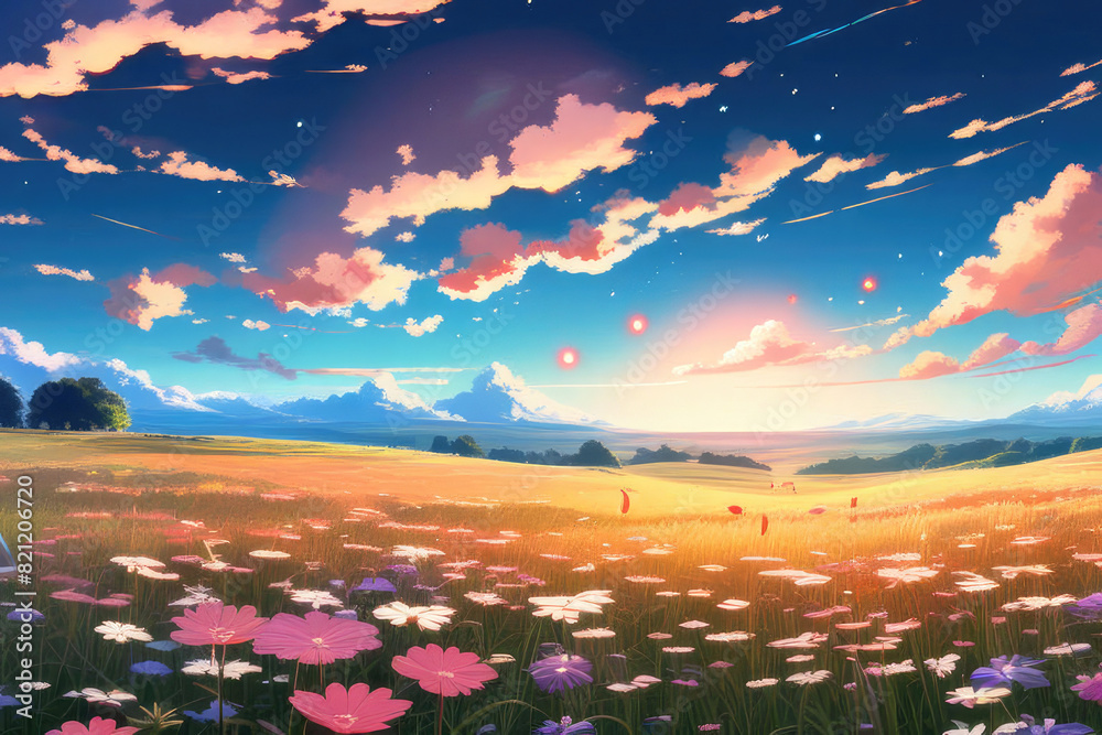 Generative AI Beautiful Niji Anime scenery of a beauty flower fields ...