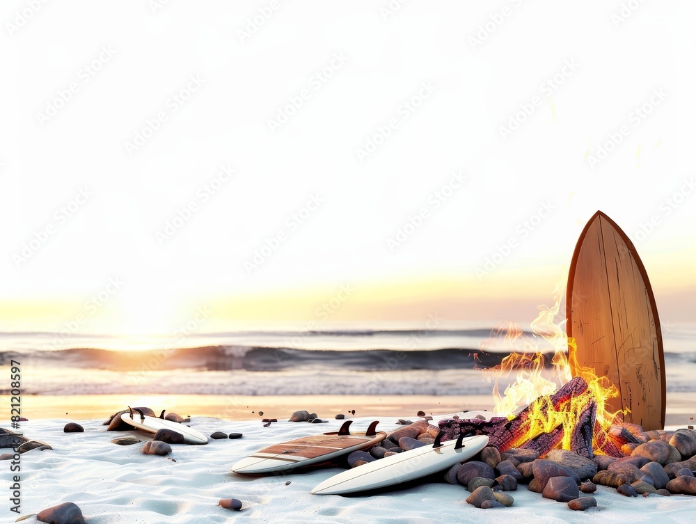 Rock concert on a beach with bonfires and surfboards.,space for text ...