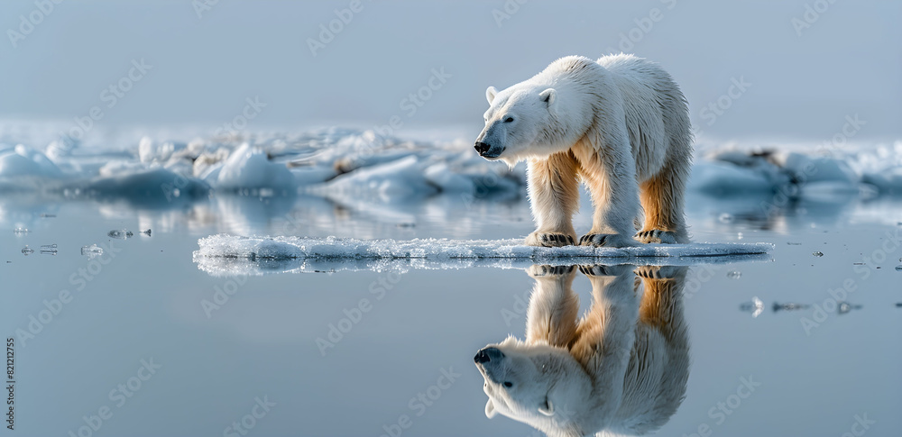 Polar bear on ice floe, reflection in the arctic sea, melting icebergs ...