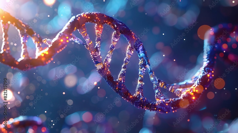 Closeup view of a DNA helix with bright colors and intricate details ...