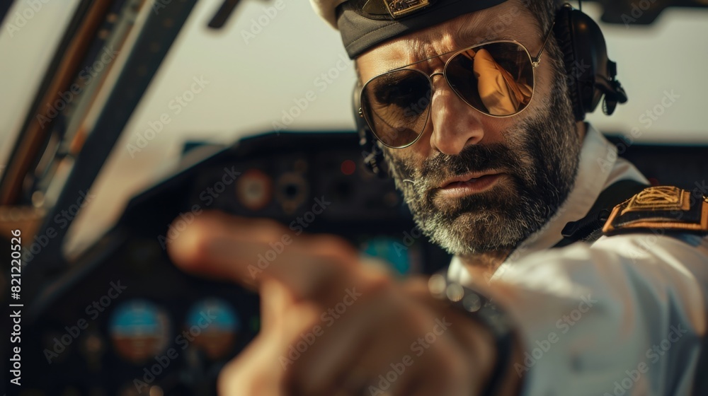 A stern-looking pilot points forward while seated in the cockpit of an ...