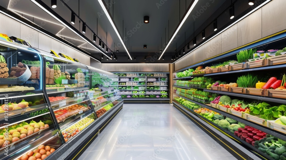 Supermarket with vertical farming systems for fresh produce, clean and ...