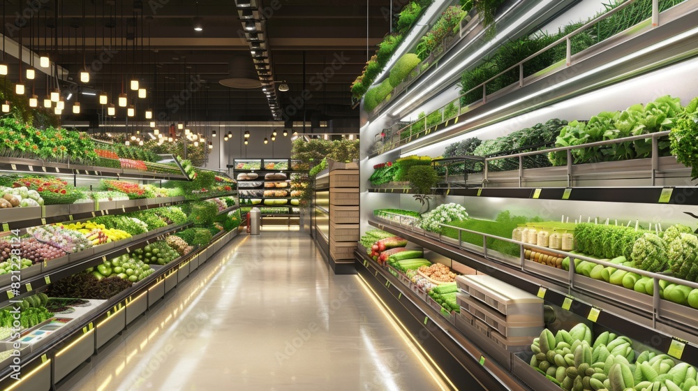 Supermarket with vertical farming systems for fresh produce, clean and ...