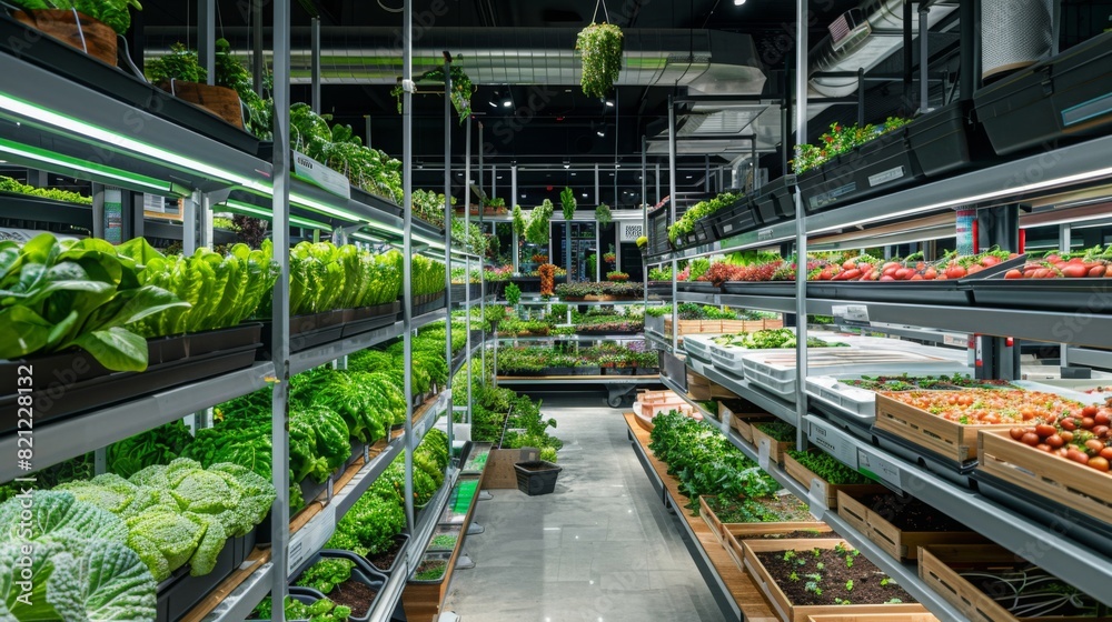 Supermarket with vertical farming systems for fresh produce, clean and ...