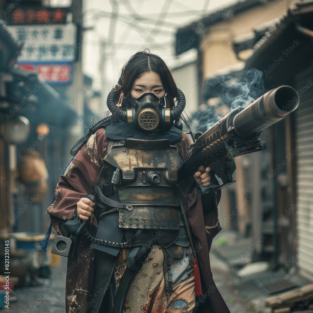 Futuristic female Japanese samurai warrior is fighting in the post ...