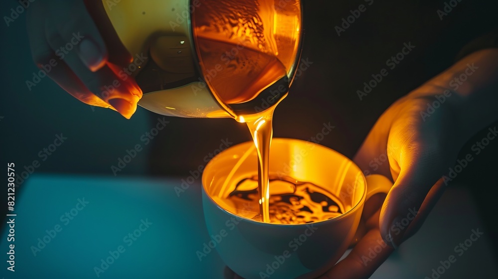 Hand pouring molten gold from a cup Top view Demonstrates process ...
