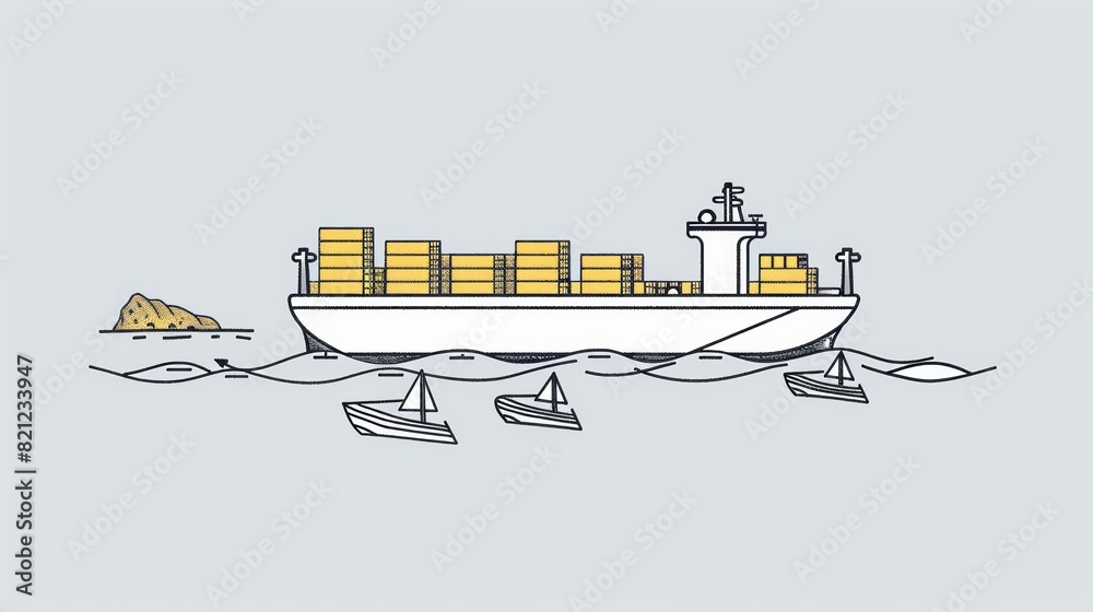 Minimalist drawing of a large ship carrying many containers and small ...