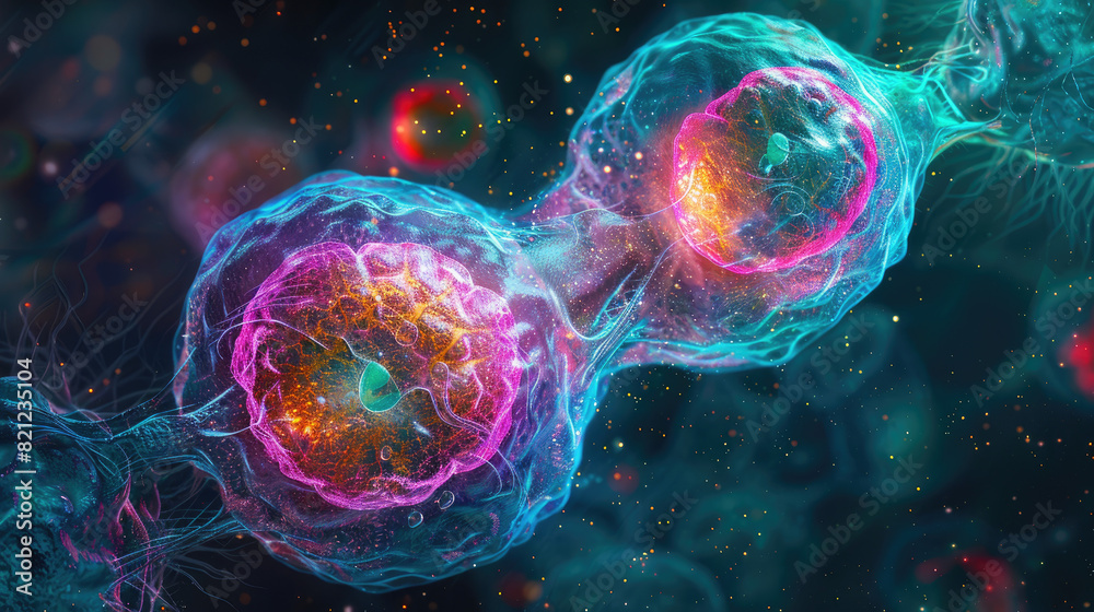 Digital illustration of a human cell division process known as mitosis ...