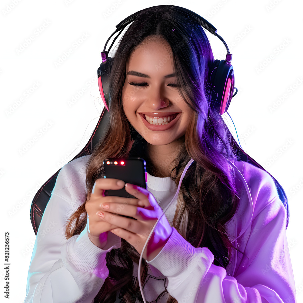 Smiling young hispanic woman streamer, a beautiful gamer thriving in ...