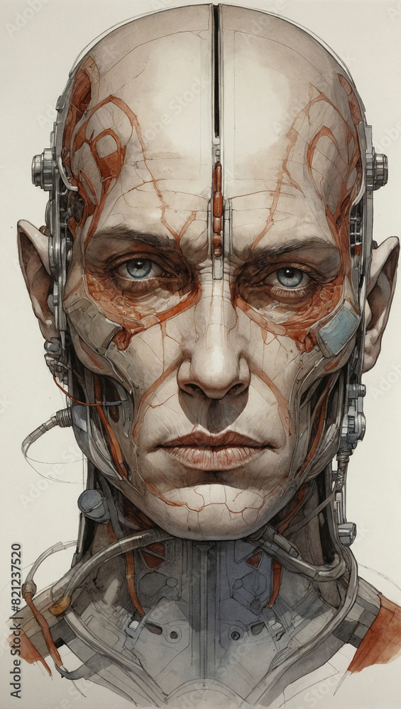 Concept art, sculptor sketchbook of cyborg hybrid human head ...