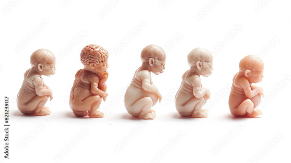 Five stages of human fetal development models arranged in a row on a ...