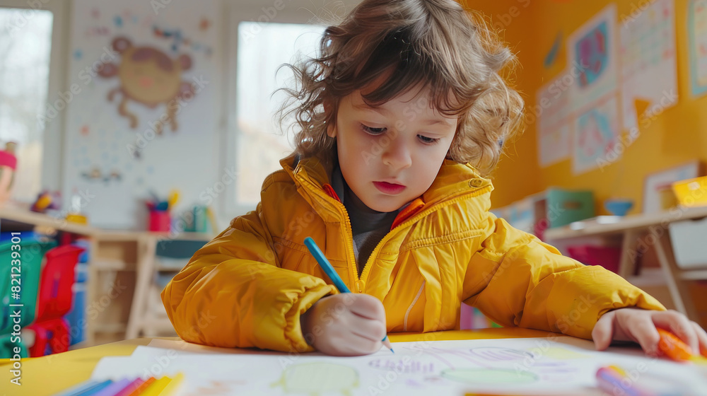Focused child in yellow jacket drawing on a large sheet of paper in a ...